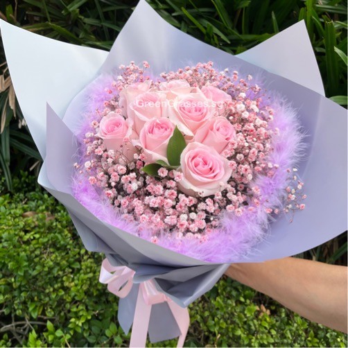 HB09390 BOQ-9 Pk Roses with feather string