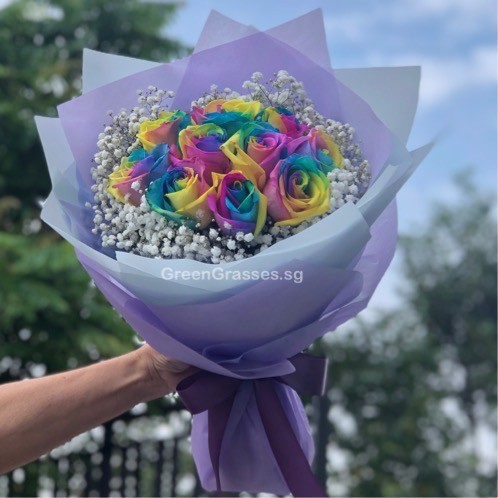 HB15019 BOQ-9 or 10 Ecuador Rainbow Roses - Hand Bouquets