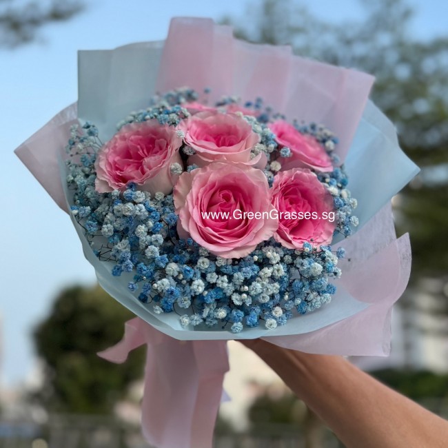 HB08531 BOQ-6 Pk Roses w/Blue BB